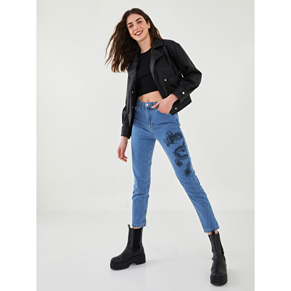 XSIDE Rahat Kalıp Baskılı Cep Detaylı Kadın Jean Pantolon