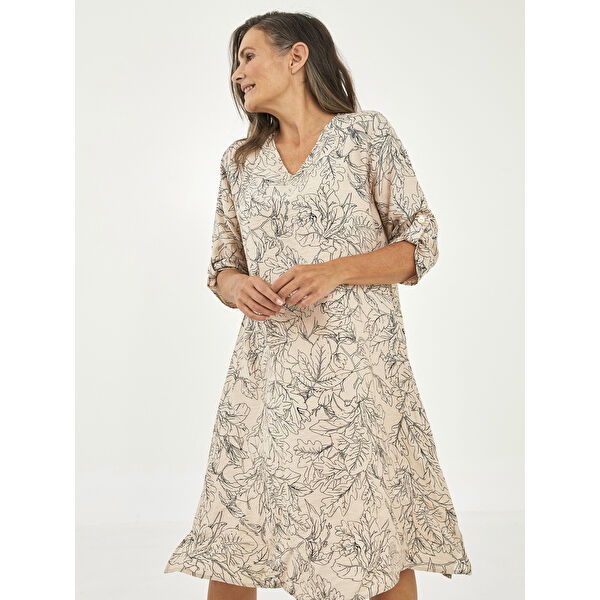 LCW GRACE V Yaka Çiçekli A Kesim Keten Kadın Elbise