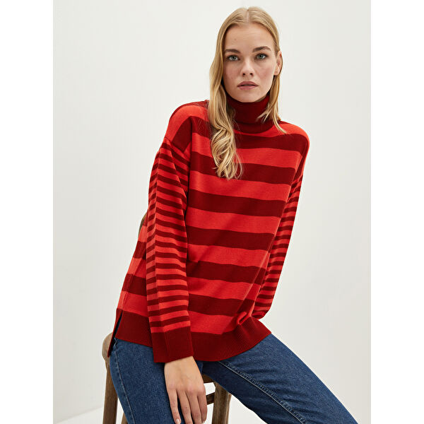 Balıkçı Yaka Çizgili Uzun Kollu Kadın Triko Kazak