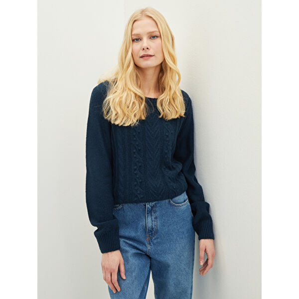 Bisiklet Yaka Kendinden Desenli Uzun Kollu Kadın Triko Kazak