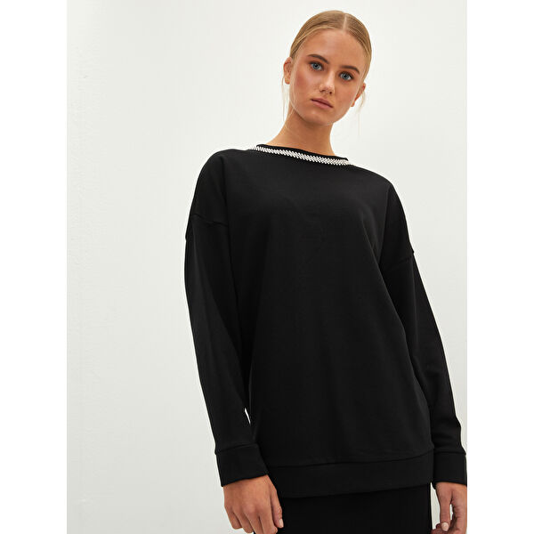 Bisiklet Yaka Taş İşlemeli Uzun Kollu Kadın Sweatshirt