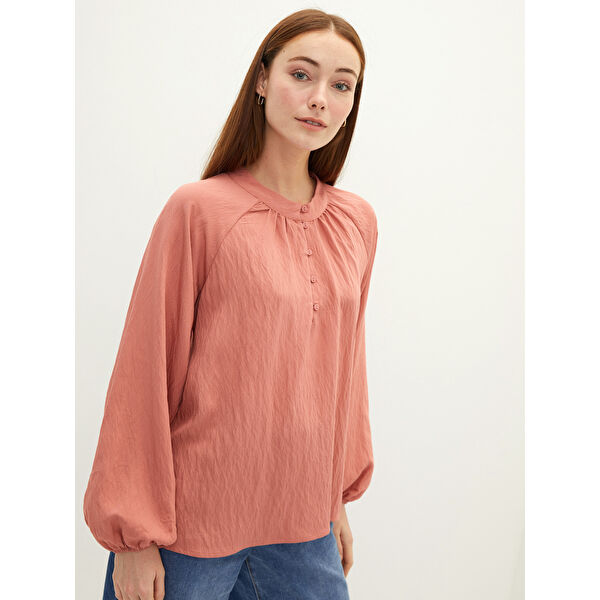 Bisiklet Yaka Düz Uzun Kollu Gabardin Kumaş Kadın Bluz