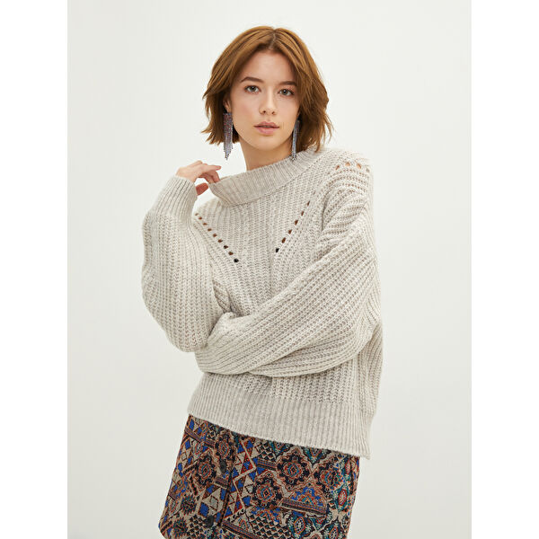 Bisiklet Yaka Kendinden Desenli Uzun Kollu Oversize Kadın Triko Kazak