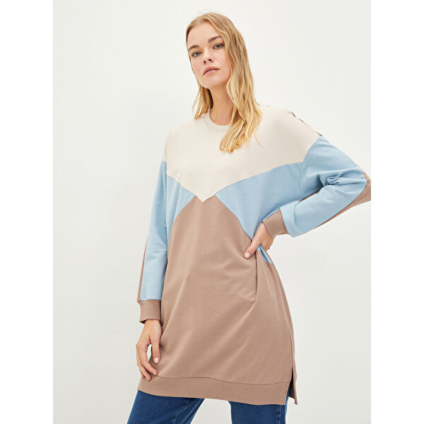 Bisiklet Yaka Renk Bloklu Uzun Kollu Kadın Tunik