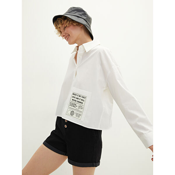 Önden Düğme Kapamalı Baskılı Uzun Kollu Poplin Kadın Gömlek Önden Düğme Kapamalı Baskılı Uzun Kollu Poplin Kadın Gömlek