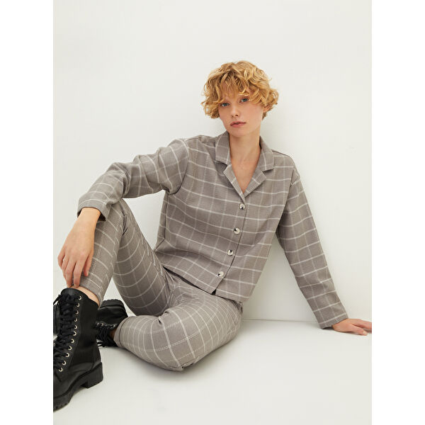 Önden Düğme Kapamalı Uzun Kollu Ekose Kadın Gömlek Ceket