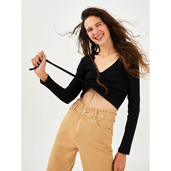 XSIDE V Yaka Büzgü Detaylı Uzun Kollu Crop Kadın Bluz