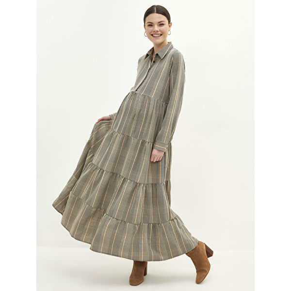 Gömlek Yaka Ekose Uzun Kollu Gabardin Hamile Elbise Gömlek Yaka Ekose Uzun Kollu Gabardin Hamile Elbise