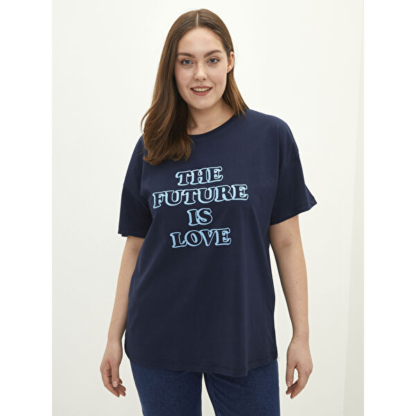 Büyük Beden Bisiklet Yaka Yazı Baskılı Kısa Kollu Pamuklu Kadın Tişört