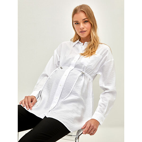 Gömlek Yaka Düz Uzun Kollu Hamile Tunik