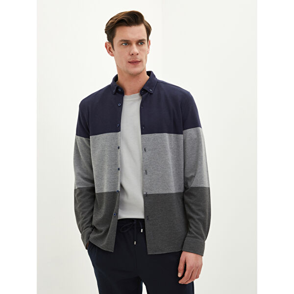 Slim Fit Uzun Kollu Renk Bloklu Erkek Gömlek Slim Fit Uzun Kollu Renk Bloklu Erkek Gömlek