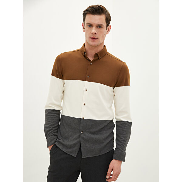 Slim Fit Uzun Kollu Renk Bloklu Erkek Gömlek Slim Fit Uzun Kollu Renk Bloklu Erkek Gömlek