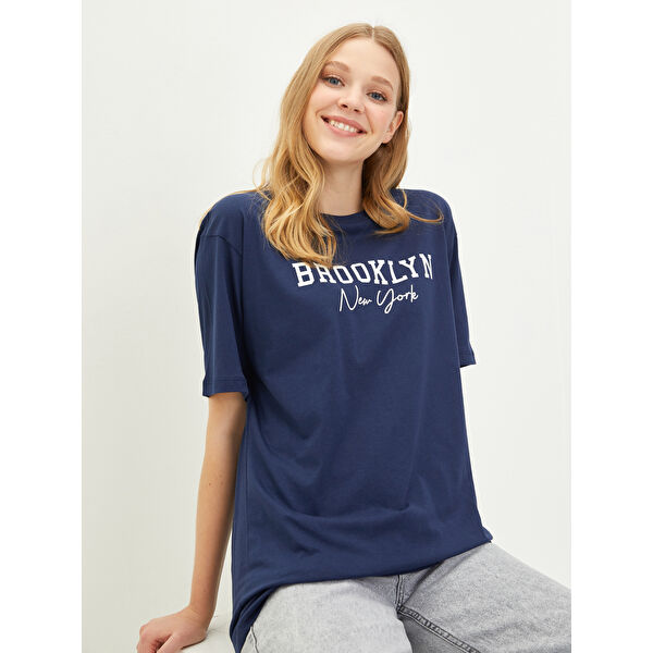 Bisiklet Yaka Baskılı Kısa Kollu Pamuklu Kadın Tişört