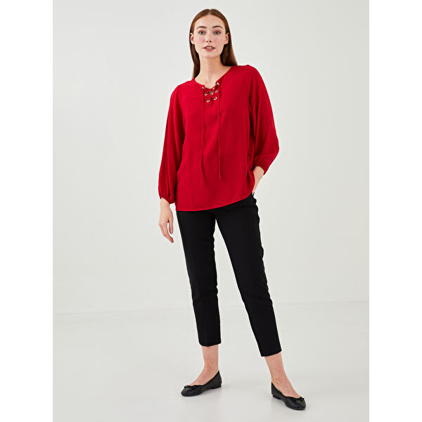 Bağlamalı Yaka Düz Uzun Kollu Viskon Kadın Bluz