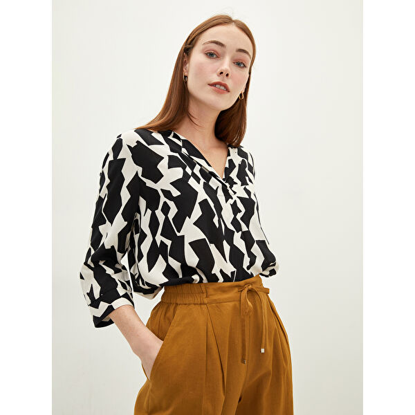 Gömlek Yaka Desenli Viskon Kadın Bluz