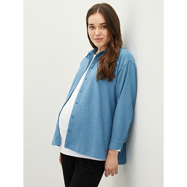 Önden Düğme Kapamalı Düz Uzun Kollu Kadife Hamile Gömlek Önden Düğme Kapamalı Düz Uzun Kollu Kadife Hamile Gömlek