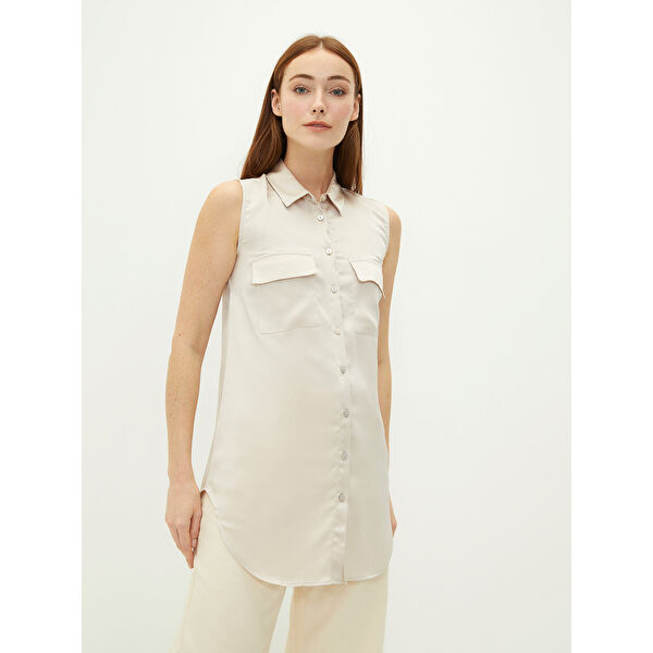 Gömlek Yaka Düz Cep Detaylı Viskon Kadın Tunik