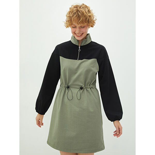 Dik Yaka Renk Bloklu Uzun Kollu Kadın Elbise