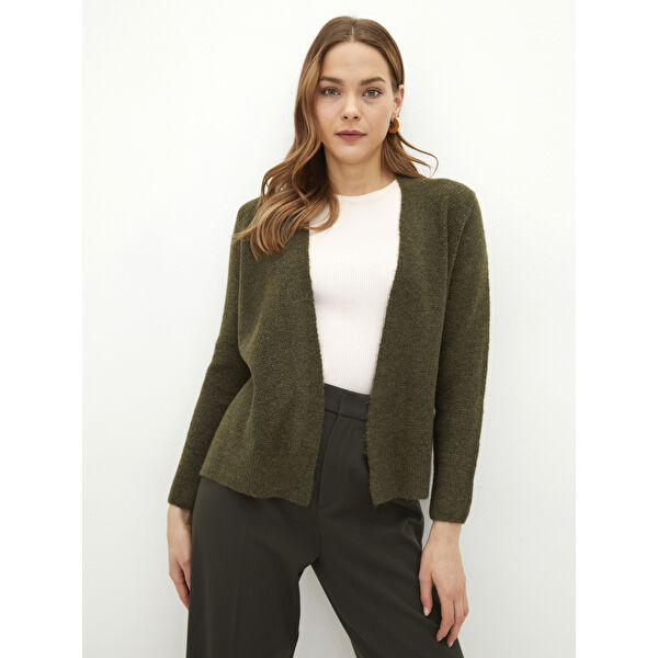 V Yaka Düz Uzun Kollu Kadın Triko Hırka