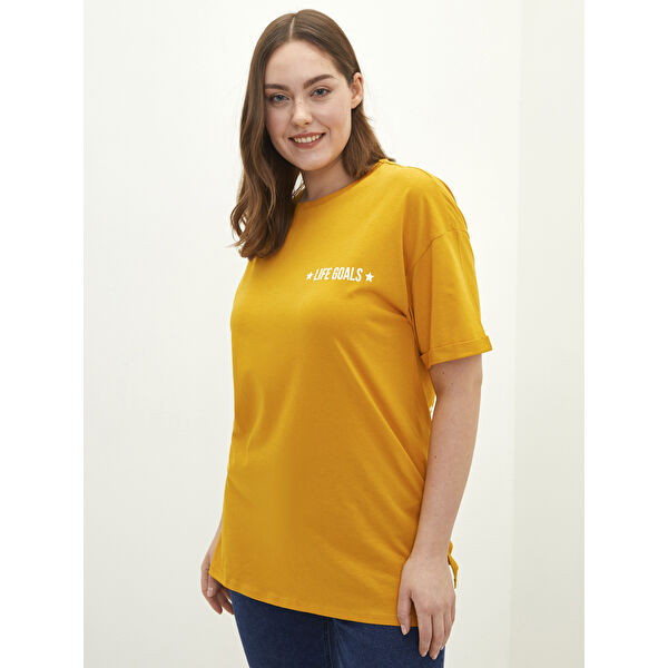 Büyük Beden Bisiklet Yaka Yazı Baskılı Kısa Kollu Pamuklu Kadın Tunik Büyük Beden Bisiklet Yaka Yazı Baskılı Kısa Kollu Pamuklu Kadın Tunik