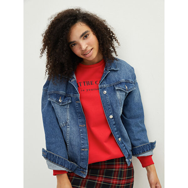 Gömlek Yaka Düz Uzun Kollu Cep Detaylı Oversize Kadın Jean Ceket Gömlek Yaka Düz Uzun Kollu Cep Detaylı Oversize Kadın Jean Ceket