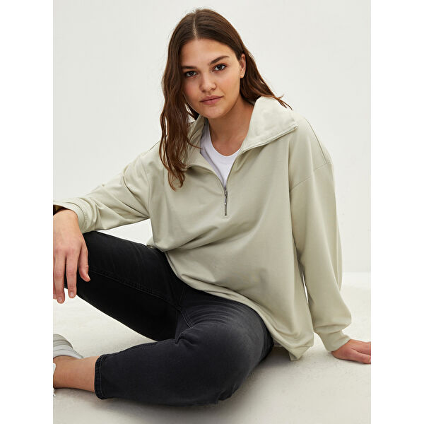 Büyük Beden Dik Yaka Düz Uzun Kollu Kadın Sweatshirt