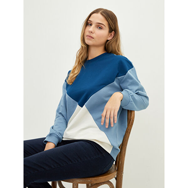 Büyük Beden Bisiklet Yaka Renk Bloklu Uzun Kollu Kadın Sweatshirt