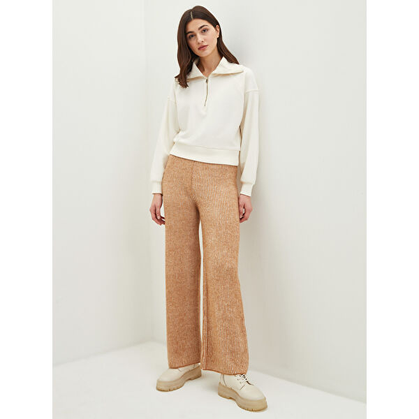 Beli lastikli Düz Geniş Paça Kadın Triko Pantolon