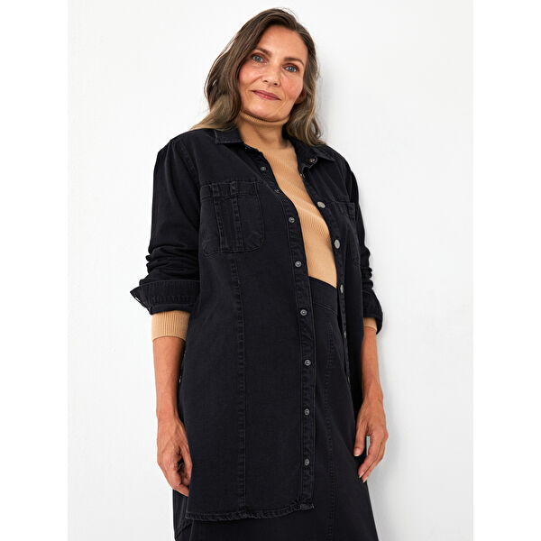 Gömlek Yaka Düz Uzun Kollu Kadın Rodeo Jean Tunik