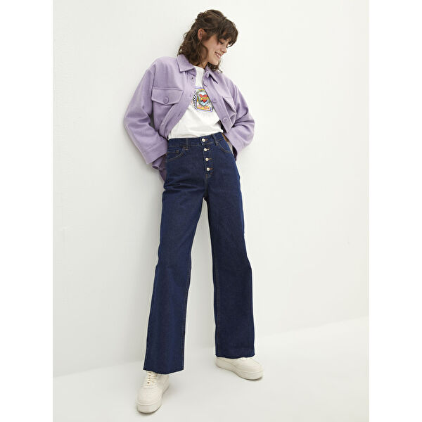 Yüksek Bel Wideleg Düz Kadın Jean Pantolon