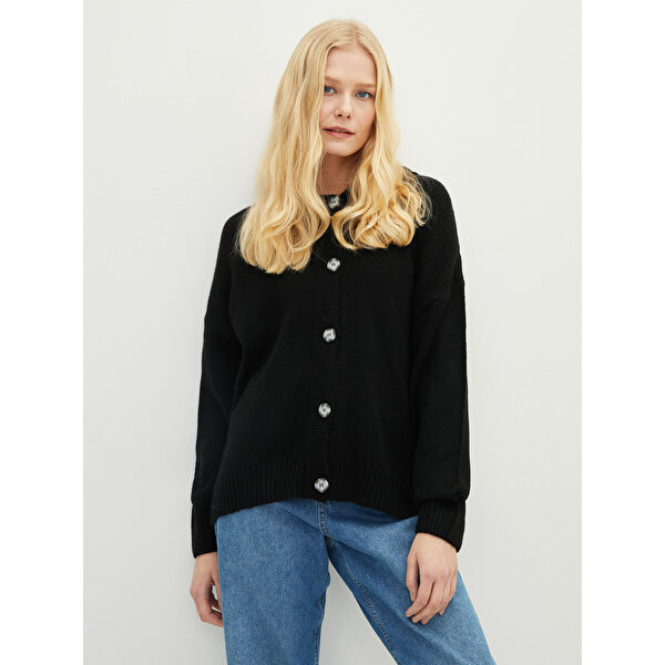 Kapüşonlu Düz Uzun Kollu Kadın Triko Hırka