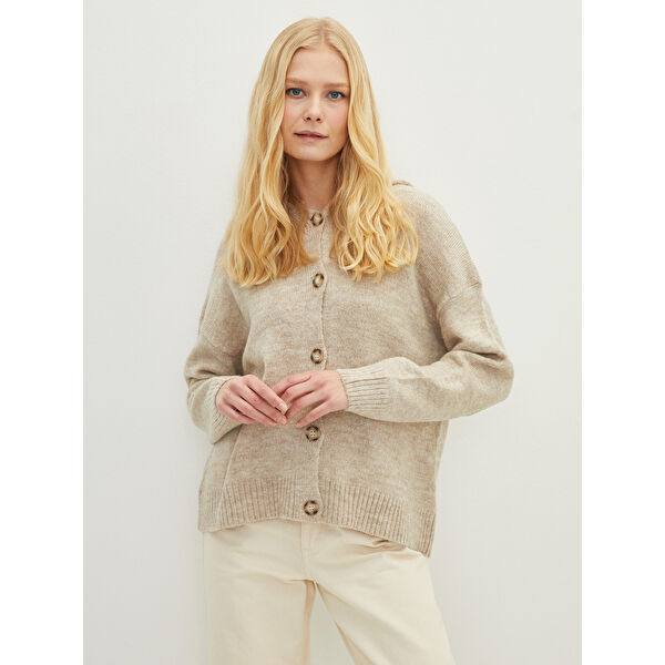 Kapüşonlu Düz Uzun Kollu Kadın Triko Hırka