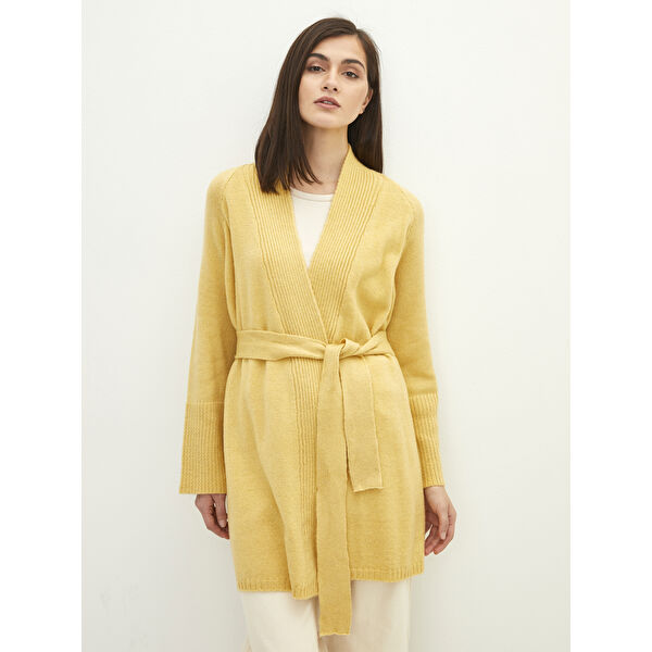 Kruvaze Yaka Düz Uzun Kollu Kadın Triko Hırka