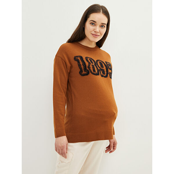 Bisiklet Yaka Nakışlı Uzun Kollu Hamile Triko Kazak