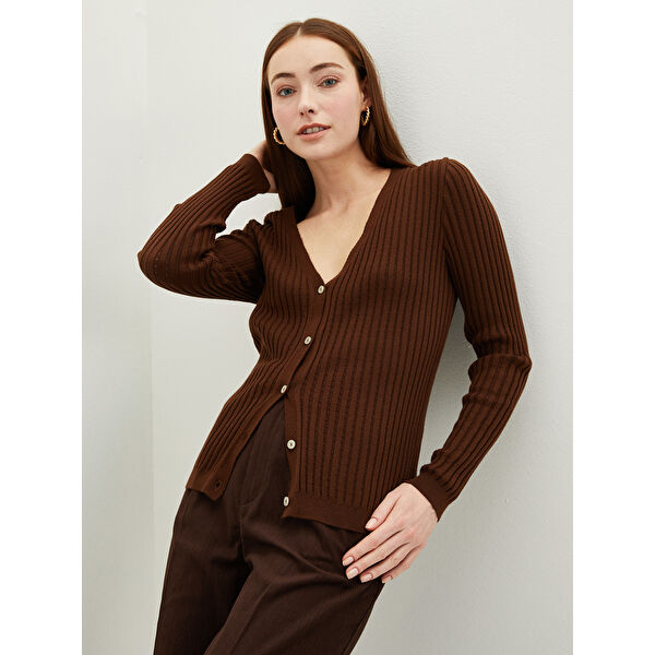 V Yaka Kendinden Desenli Uzun Kollu Kadın Triko Hırka