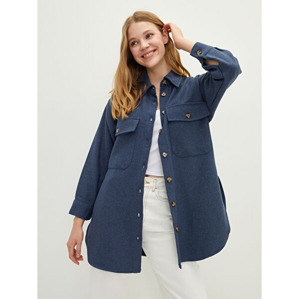 Gömlek Ceket Düz Cep Detaylı Uzun Kollu Gabardin Kadın Gömlek Ceket