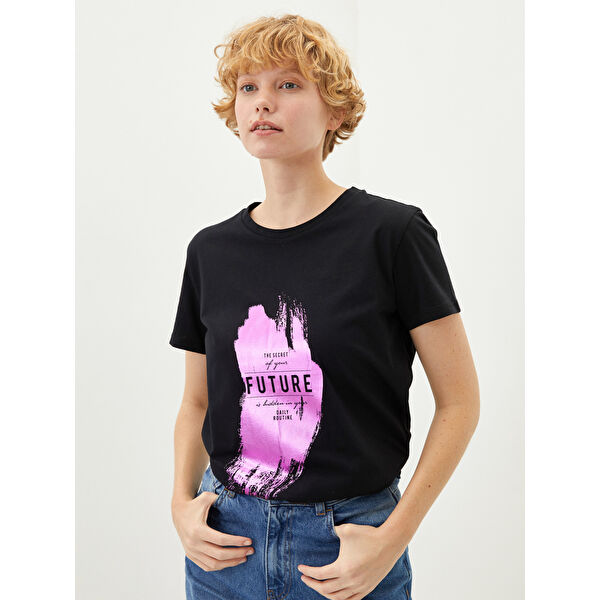 Bisiklet Yaka Baskılı Kısa Kollu Pamuklu Kadın Tişört