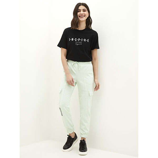 Beli Lastikli Baskılı Kadın Jogger Eşofman Altı