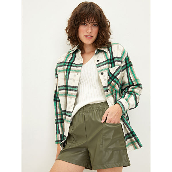 Önden Düğme Kapamalı Ekose Uzun Kollu Gabardin Kumaş Kadın Gömlek Ceket