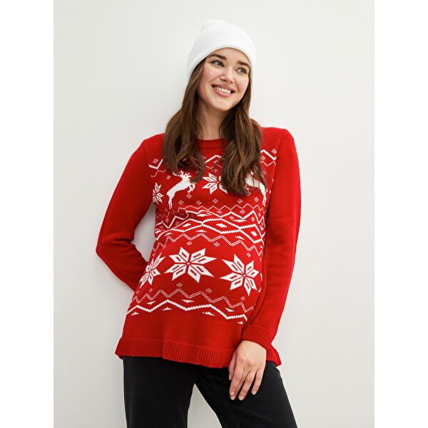 Bisiklet Yaka Yılbaşı Temalı Uzun Kollu Hamile Triko Kazak