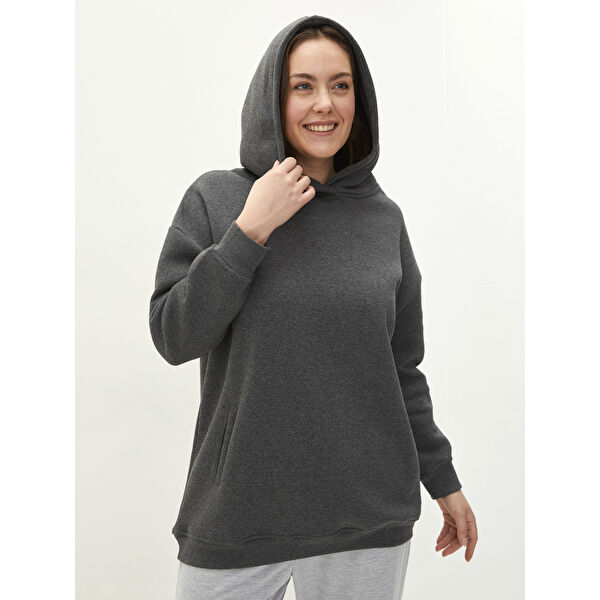 Büyük Beden Kapüşonlu Düz Uzun Kollu Kadın Sweatshirt Büyük Beden Kapüşonlu Düz Uzun Kollu Kadın Sweatshirt