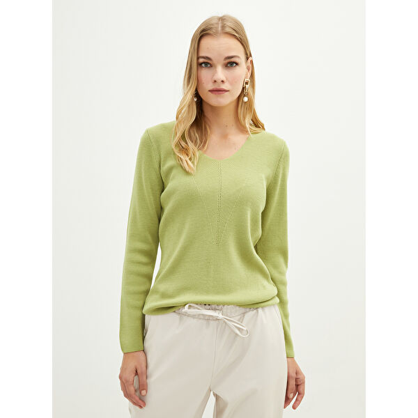 V Yaka Kendinden Desenli Uzun Kollu Kadın Triko Kazak