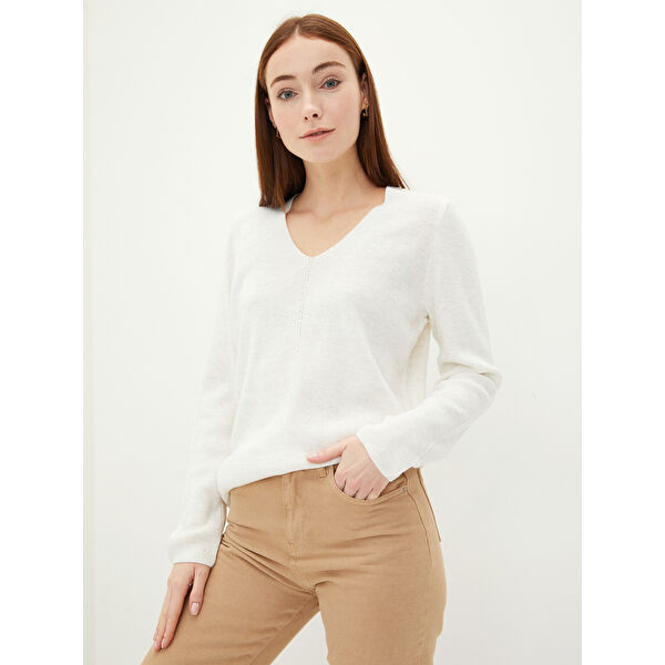 V Yaka Kendinden Desenli Uzun Kollu Kadın Triko Kazak