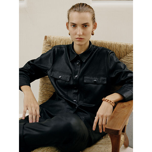 Önden Düğme Kapamalı Düz Uzun Kollu Kadın Gömlek Önden Düğme Kapamalı Düz Uzun Kollu Kadın Gömlek