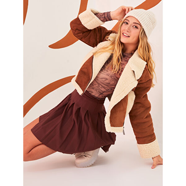 Bisiklet Yaka Desenli Uzun Kollu Crop Kadın Bluz Bisiklet Yaka Desenli Uzun Kollu Crop Kadın Bluz