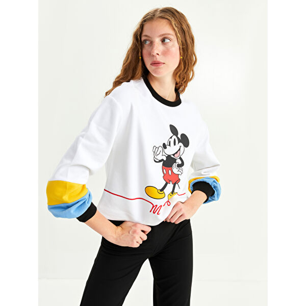 Bisiklet Yaka Mickey Mouse Baskılı Uzun Kollu Kadın Sweatshirt