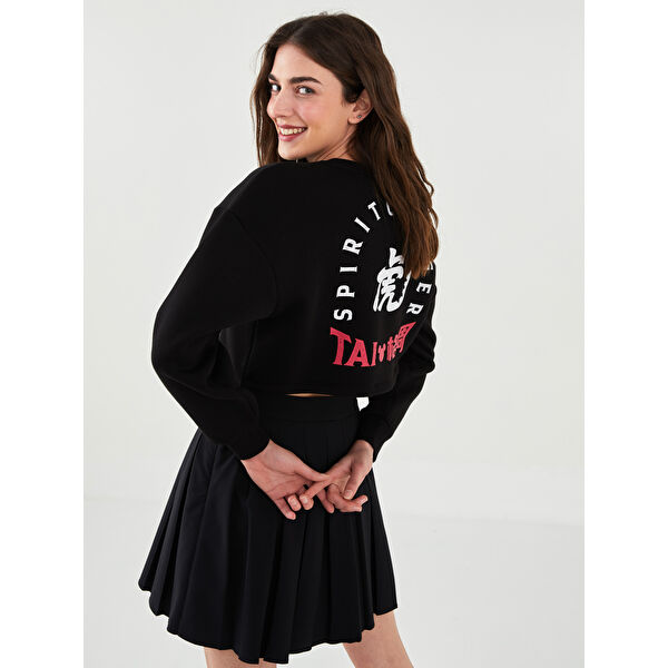 Bisiklet Yaka Mickey Mouse Baskılı Uzun Kollu Kadın Sweatshirt