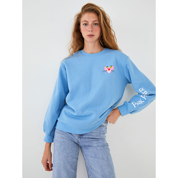 Bisiklet Yaka Pink Panther Baskılı Uzun Kollu Kadın Sweatshirt Bisiklet Yaka Pink Panther Baskılı Uzun Kollu Kadın Sweatshirt