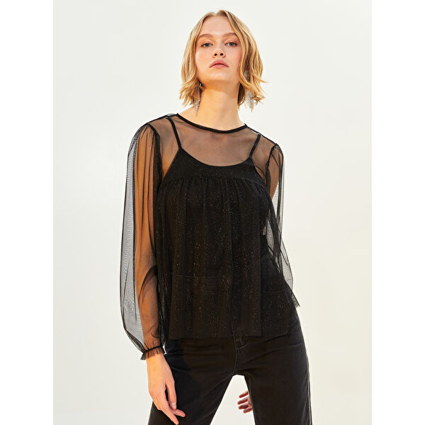 Bisiklet Yaka Parlak Görünümlü Uzun Kollu Kadın Bluz