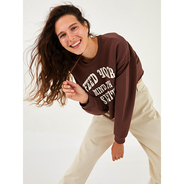 Bisiklet Yaka Slogan Baskılı Uzun Kollu Kadın Sweatshirt